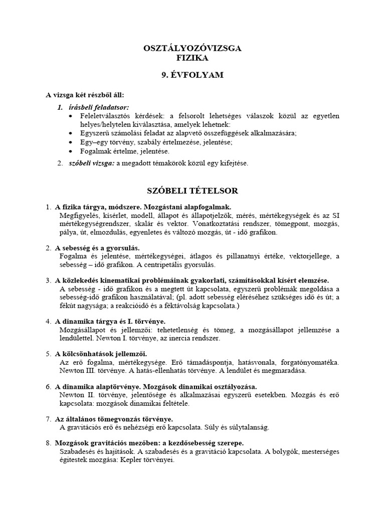 Osztályozó Vizsga Fizika 9 | PDF