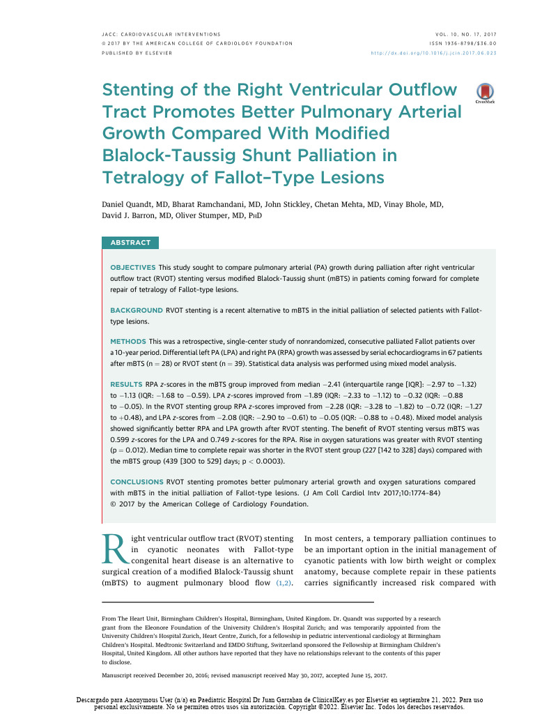 2017 - Stenting of The Right Ventricular Outflow | PDF | Medical Specialties | Angiology