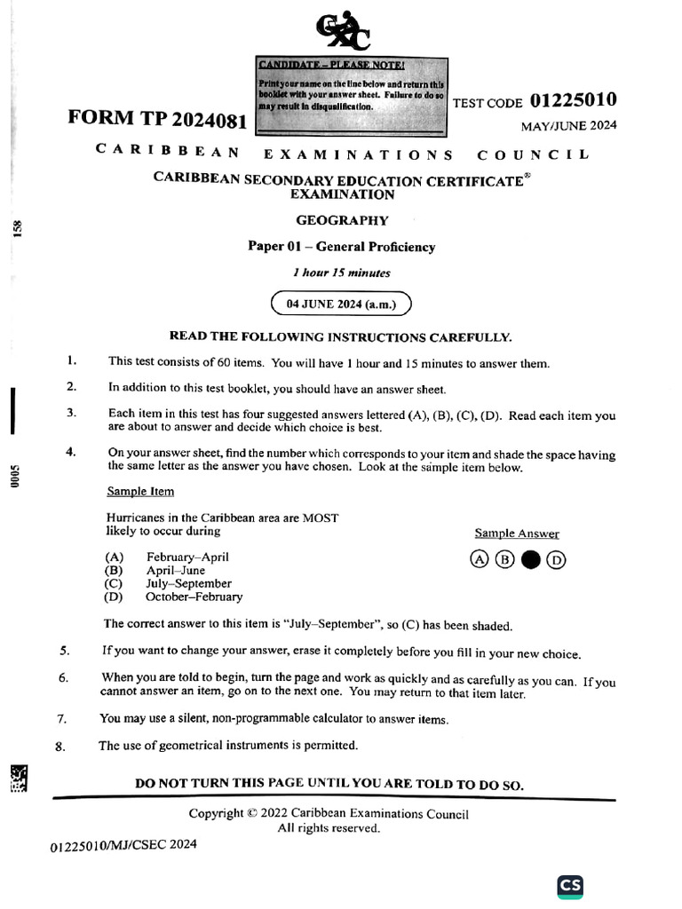 CSEC Geography MayJune P1 2024 Ans | PDF