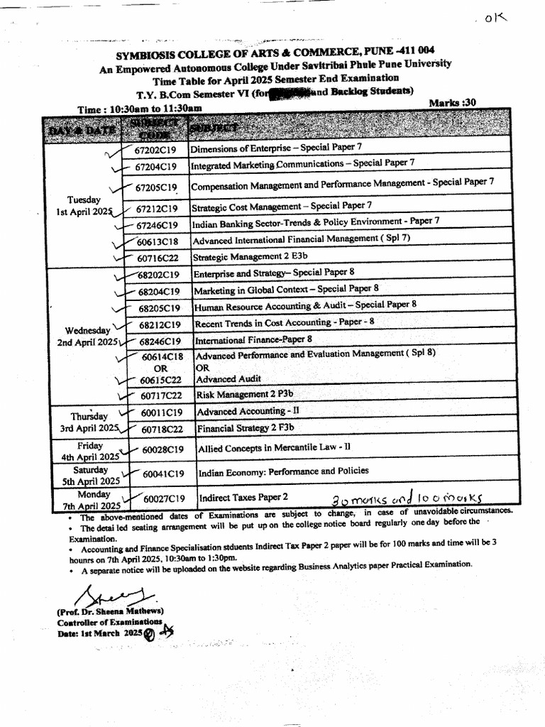 Sem VI (Regular and Backlog) April 2025 | PDF