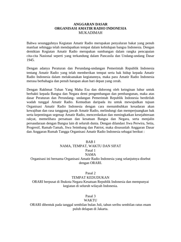 Anggaran Dasar ORARI Indonesia | PDF