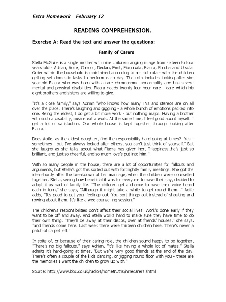 Reading Comprehension.: Extra Homework February 12 | PDF | Languages
