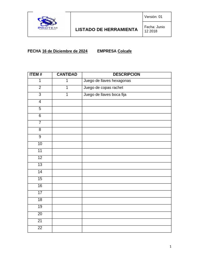 FORMATO LISTADO HERRAMIENTA | PDF