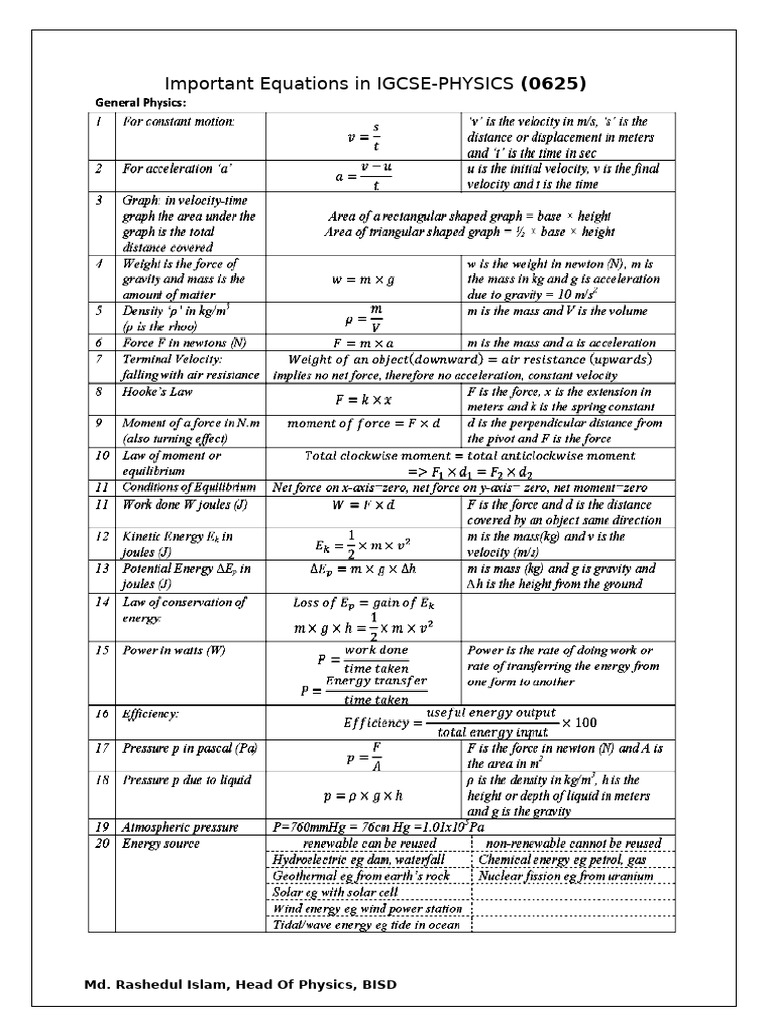 Important Equations in IGCSE-PHYSICS | PDF