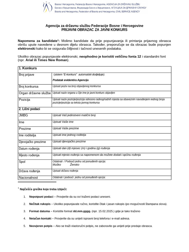Bos - Prijavni Obrazac | PDF