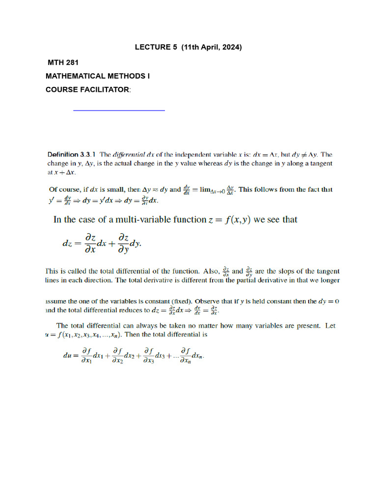 2024 Noun MTH 281 Lecture 5 | PDF | Equations | Calculus