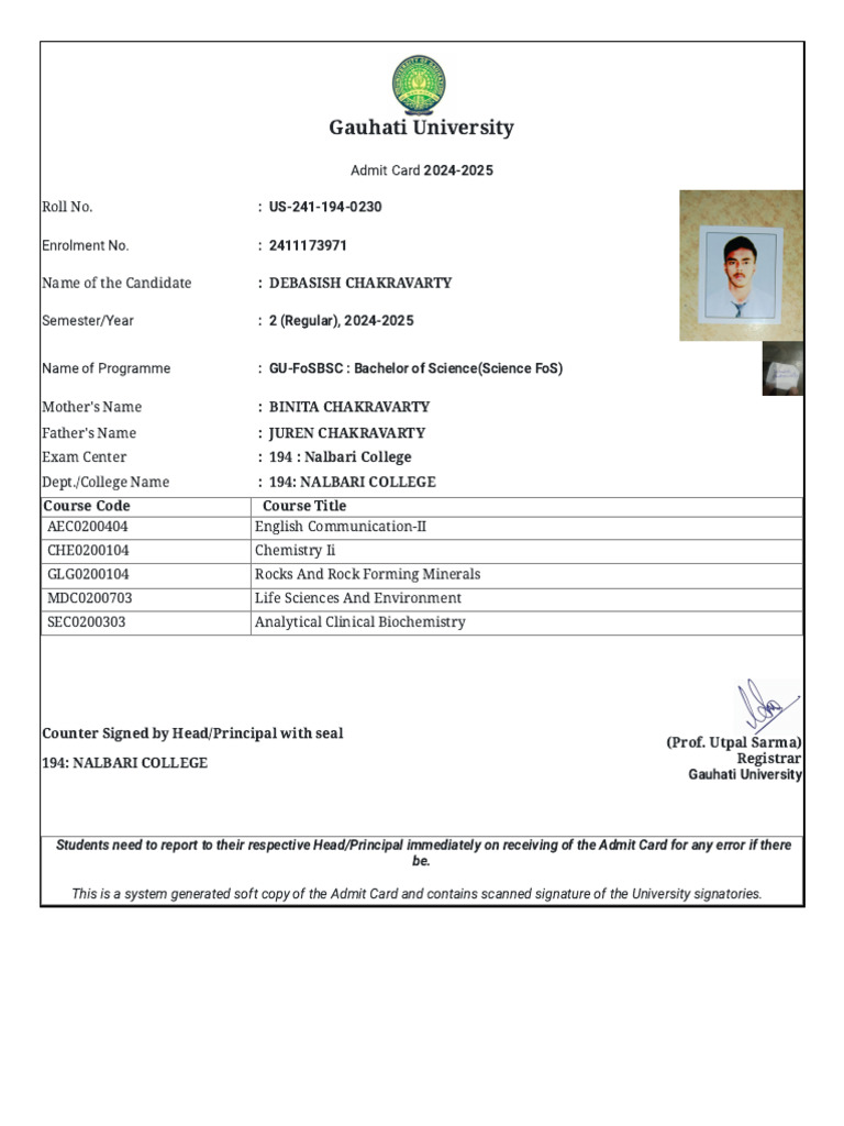 Gauhati University 2nd Sem Admit Card 2024 | PDF
