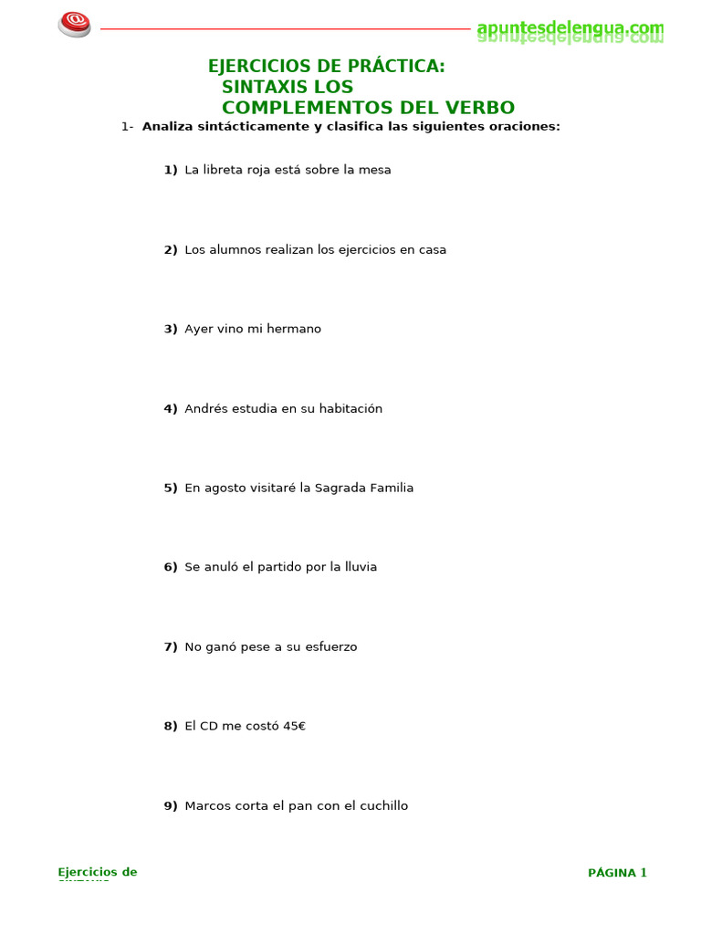 Fichas Ejercicios Complementos Del Verbo 01 | PDF | Asunto (gramática) | Sintaxis