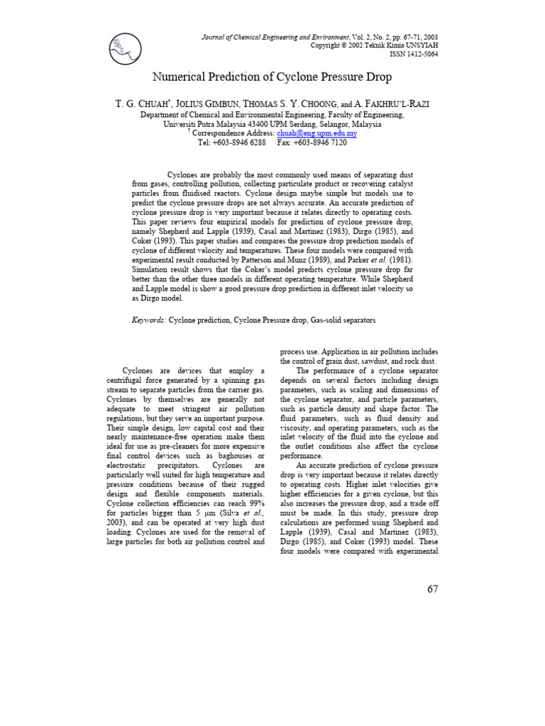 Cyclone Pressure Drop Prediction Models | PDF | Gases | Fluid Dynamics