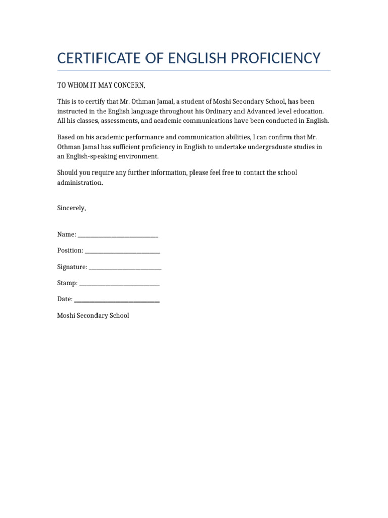 English Proficiency Certificate Blank Fields | PDF