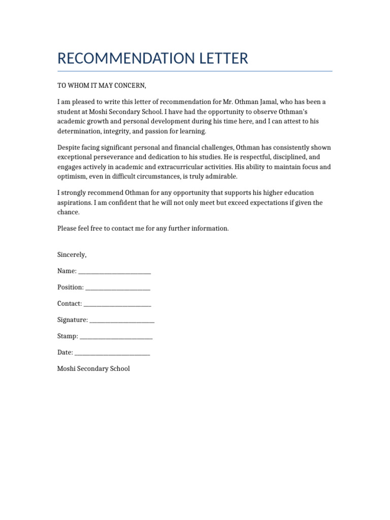 Recommendation Letter Template Othman Jamal | PDF