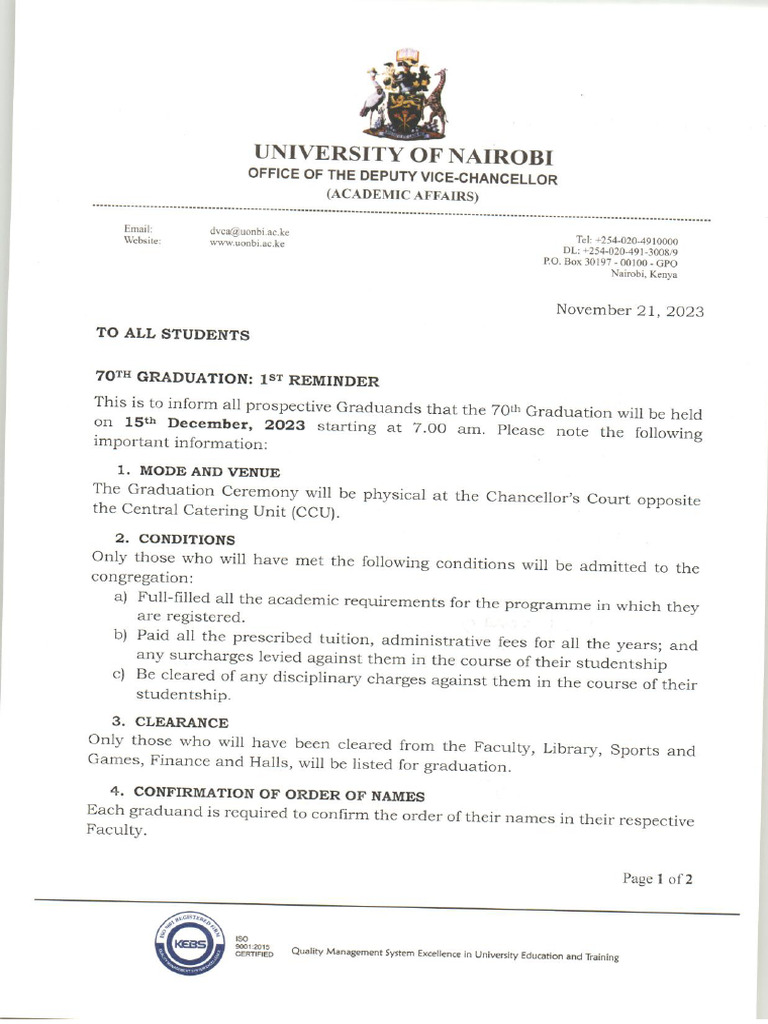 Notice To All Students On 70th Graduation 1st Reminder | PDF