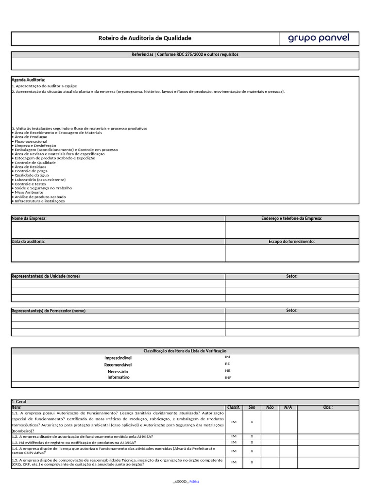 Roteiro Auditoria Qualidade Alimentos Grupo Panvel | PDF | Análise de ...