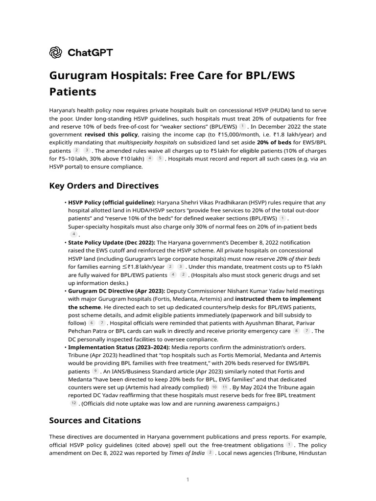 Gurugram Hospitals - Free Care For BPL - EWS Patients | PDF | Hospital ...