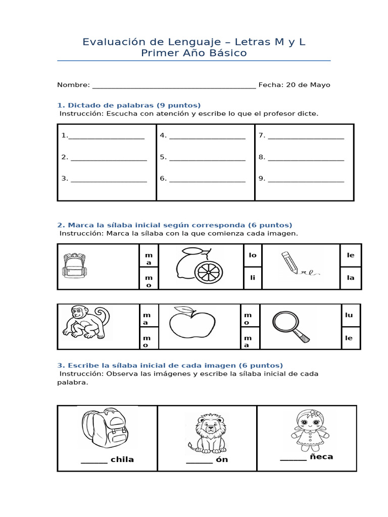 Evaluación de Lenguaje - Letras M y L Primer Año Básico | PDF