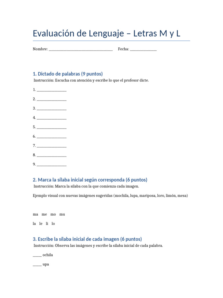 Evaluación de Lenguaje: Letras M y L | PDF