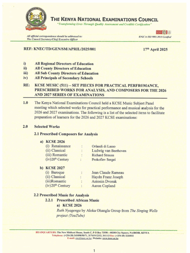 Kcse Music - Set Pieces For Practical Performance | PDF