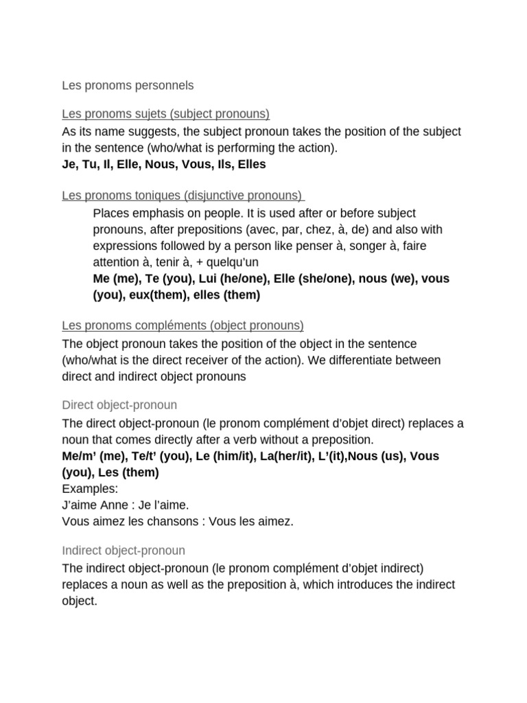 Les Pronoms Personnels | PDF