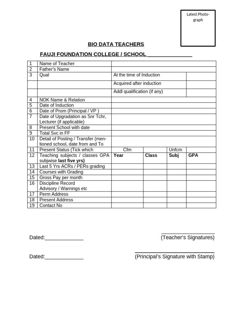 Teacher Biodata Form Template | PDF