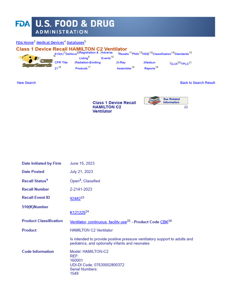 Class 1 Device Recall HAMILTON C2 Ventilator | PDF
