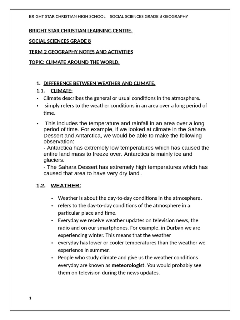 Grade 8 Geography: Climate Overview | PDF | Tropics | Wet Season