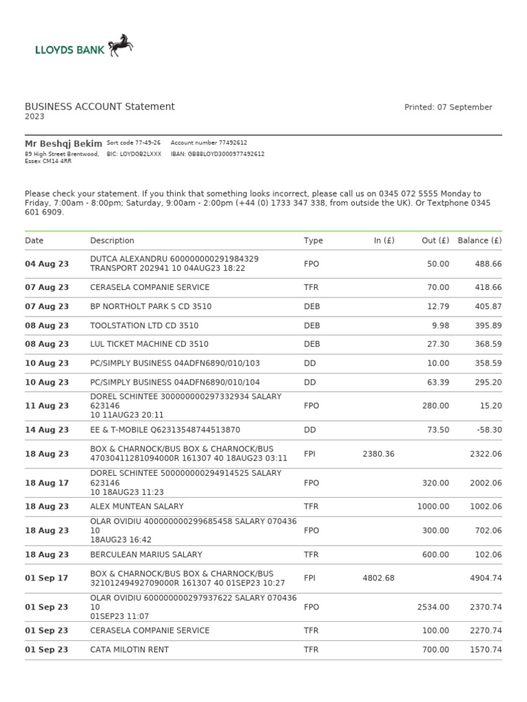 Business Bank Statement Lloyds Bank | PDF | Regulation | Financial Services
