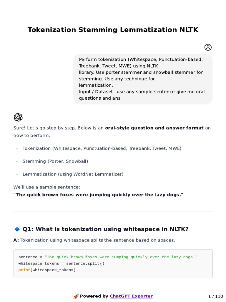 ChatGPT-Tokenization Stemming Lemmatization NLTK | PDF | Morphology (Linguistics) | Artificial ...