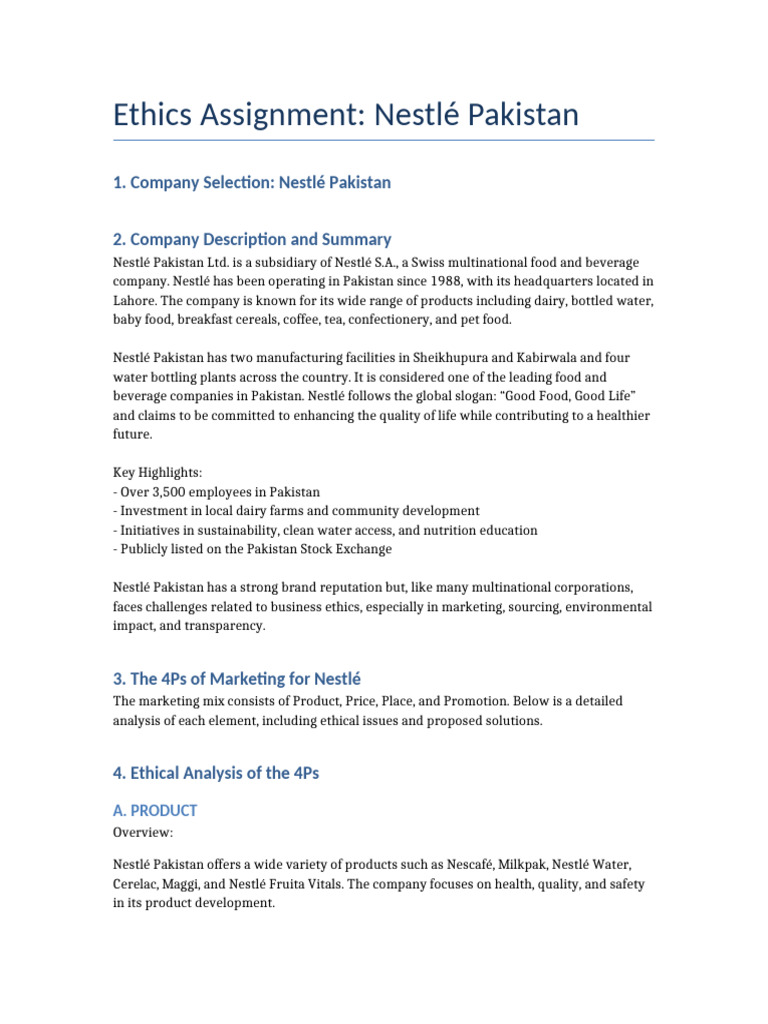 Ethics_Assignment_Nestle_Pakistan | PDF | Nestlé | Economies