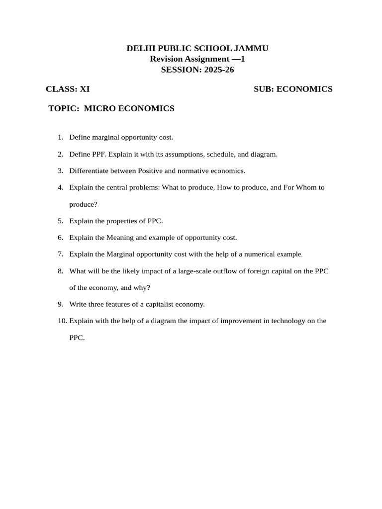 Assignment On Unit-1 Economics XI | PDF