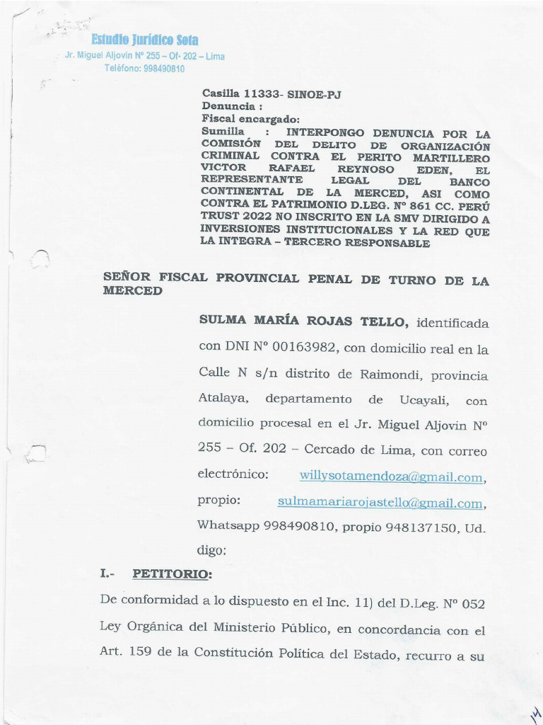 Escrito Crimen Organizado Sulma Rojas Tello Fiscalia - 0001 | PDF