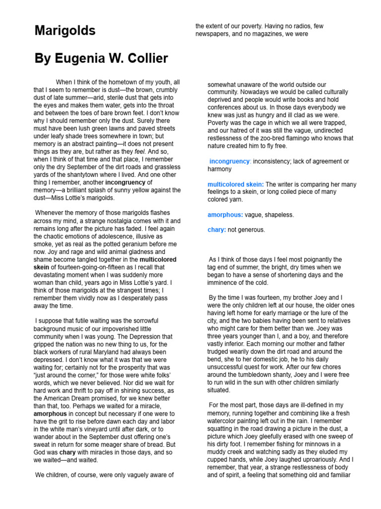 Marigolds by Eugenia W. Collier | PDF