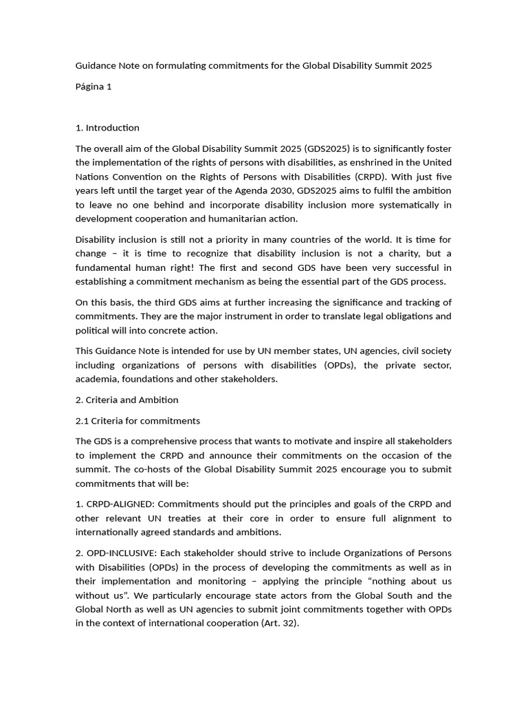 Guidance Note On Formulating Commitments For The Global Disability ...