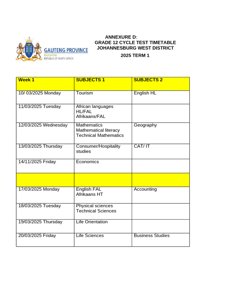 ANNEXURE D Cycle Test Timetable | PDF