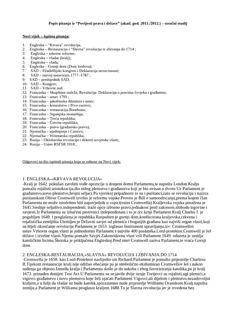 Novi Vijek - Ispitna Pitanja I Odgovori | PDF