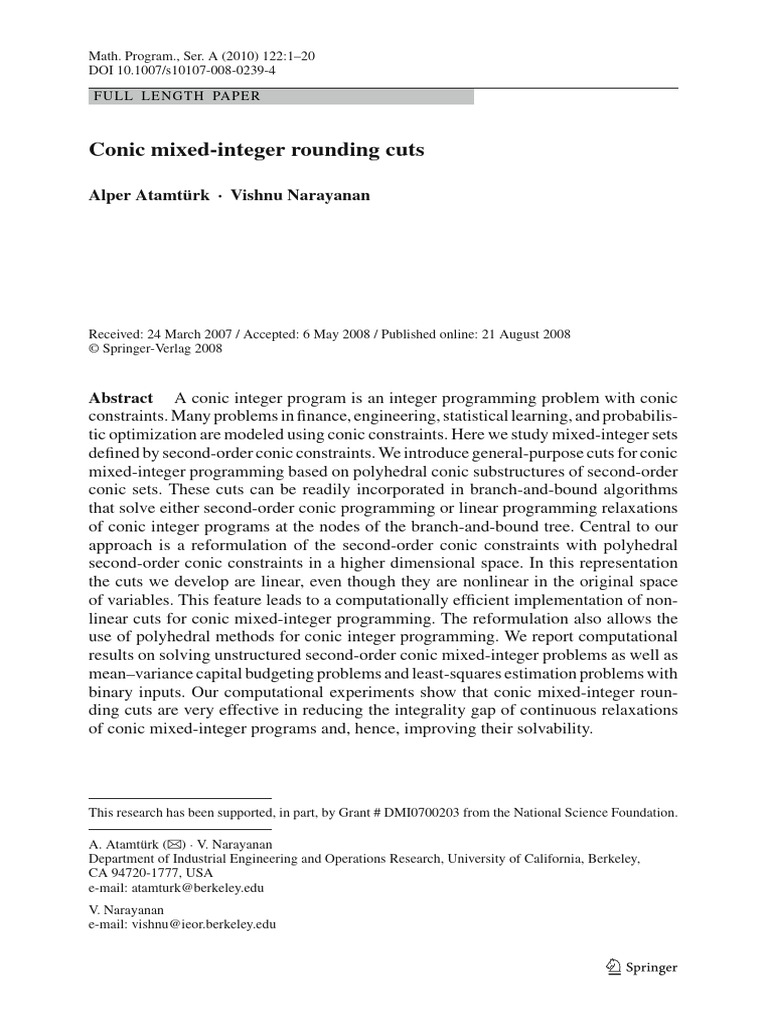 Alper Atamturk Et Vishnu Narayanan - Conic Mixed-Integer Rounding Cuts (2008) (Springer) | PDF ...