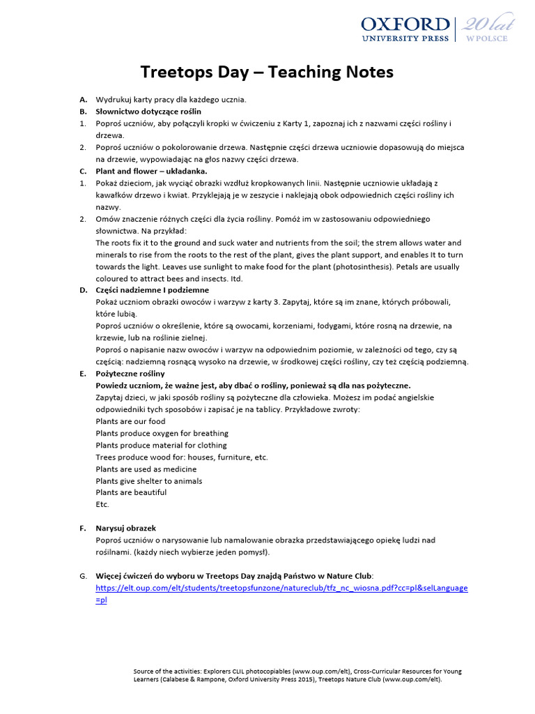 Treetops Day Activities - Teaching Notes and Worksheets pl-1 | PDF