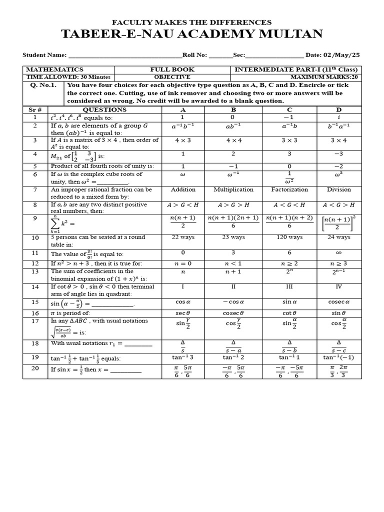 1st Year Math Full Book Test | PDF | Polynomial | Equations