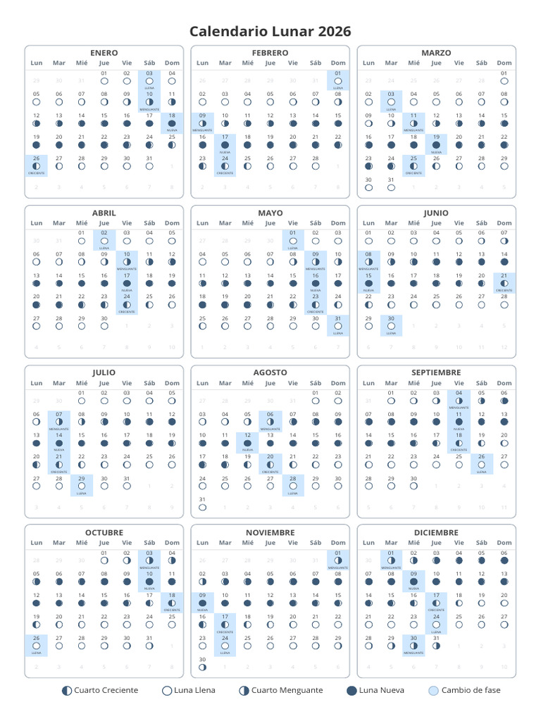 Calendario Lunar 2026 (Imprimir Calendario Lunar de 2026) | PDF | Luna | Ciencia planetaria