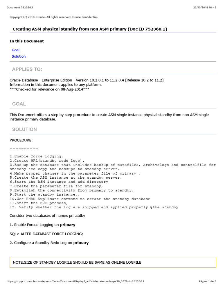 Creating ASM Physical Standby From Non ASM Primary (Doc ID 752360.1) | PDF | Backup | Databases