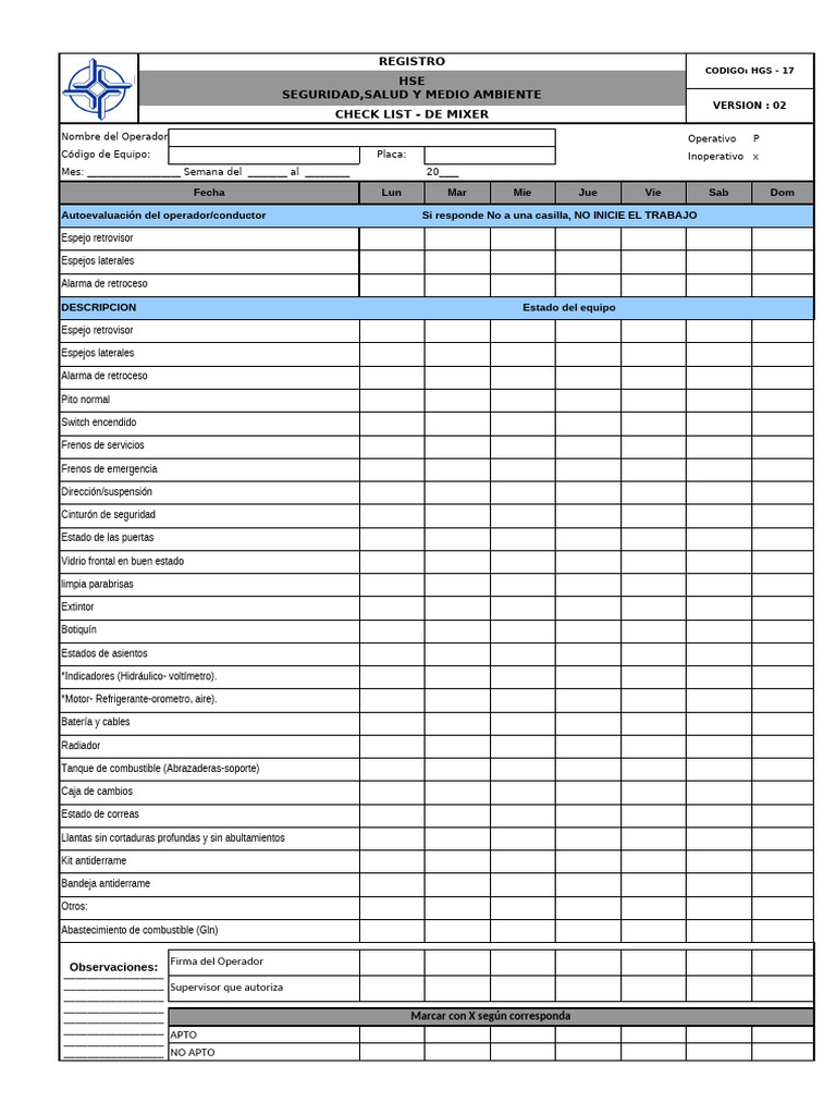 Checklist de Seguridad para Mixer | PDF