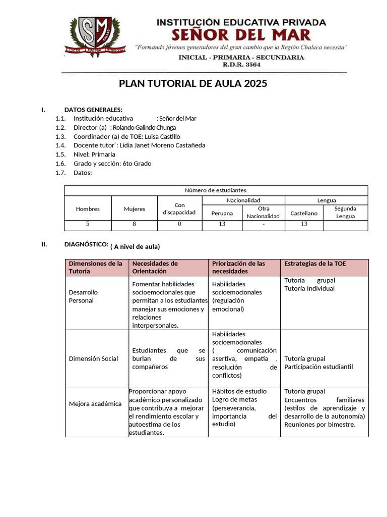 PLAN TUTORIAL DE AULA 2025 (1) ACTUALIZADO | PDF | Salón de clases | Las emociones