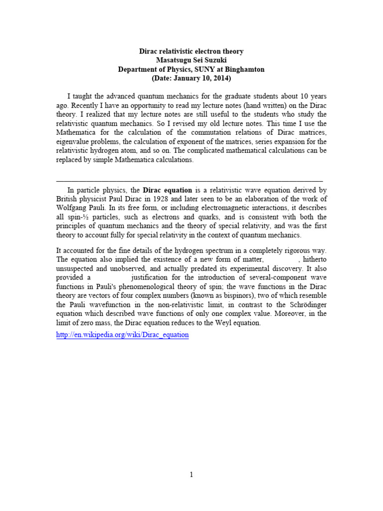 Dirac Equation W Relativistic Electrons | PDF | Schrödinger Equation ...