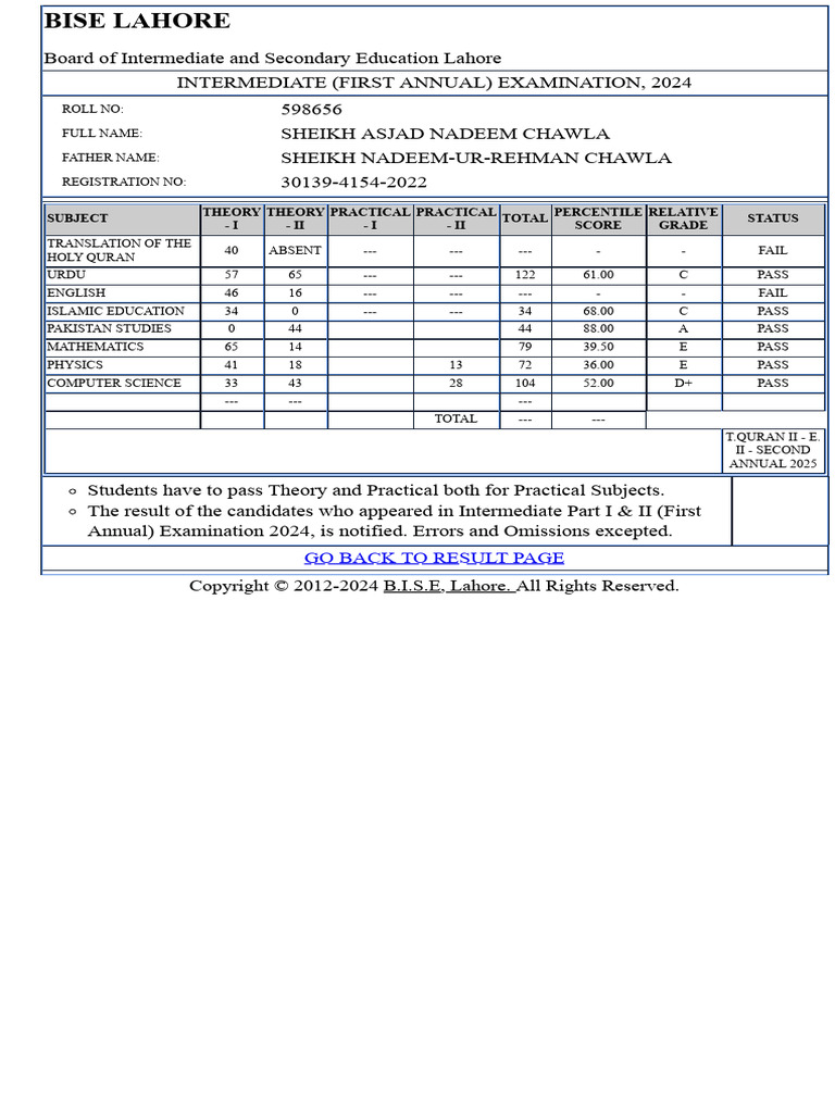 Bise Lahore Examination Result Status Sheet | PDF