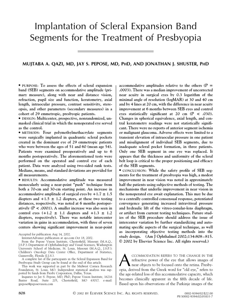 Scleral Expansion Band for Presbyopia | PDF | Sensory Organs | Facial ...