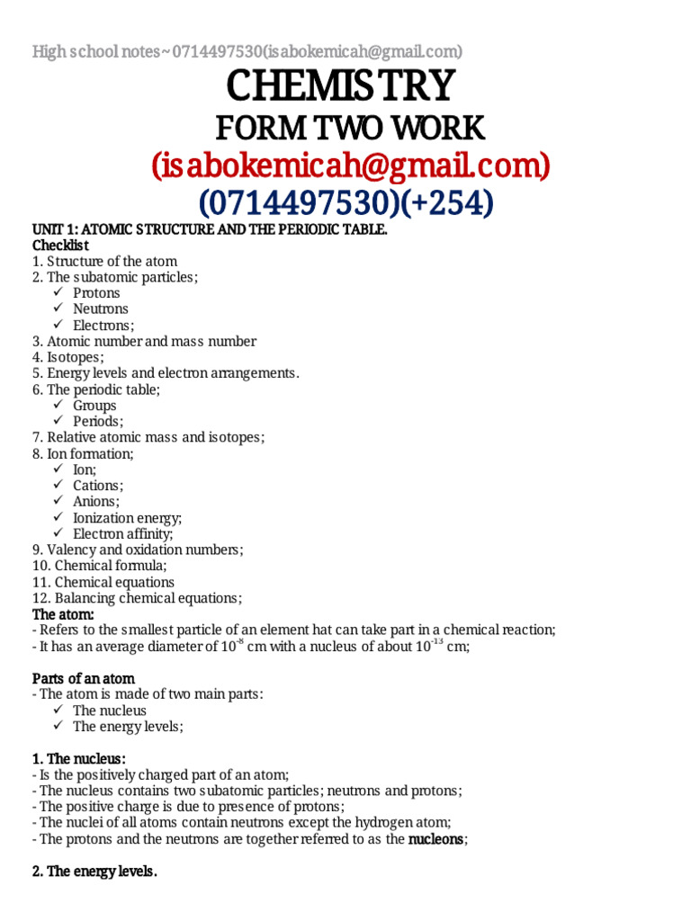 Chemistry Form Two Work Notes | PDF | Physical Chemistry | Atoms