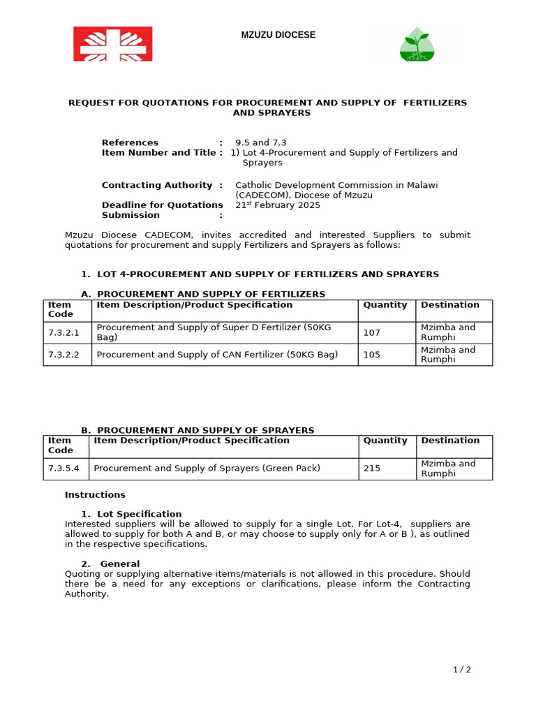 Request For Quotations For Fertilizers and Sprayers (14th | PDF