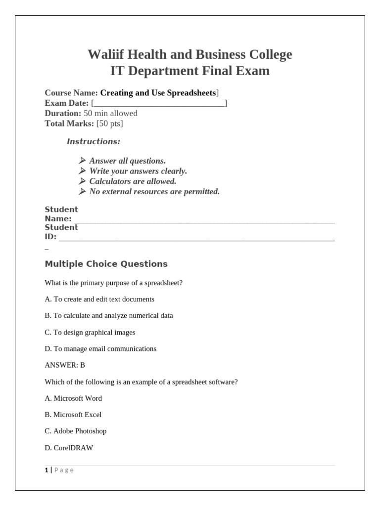 Final Exam Create Use Spreadsheet | PDF | Microsoft Excel | Spreadsheet