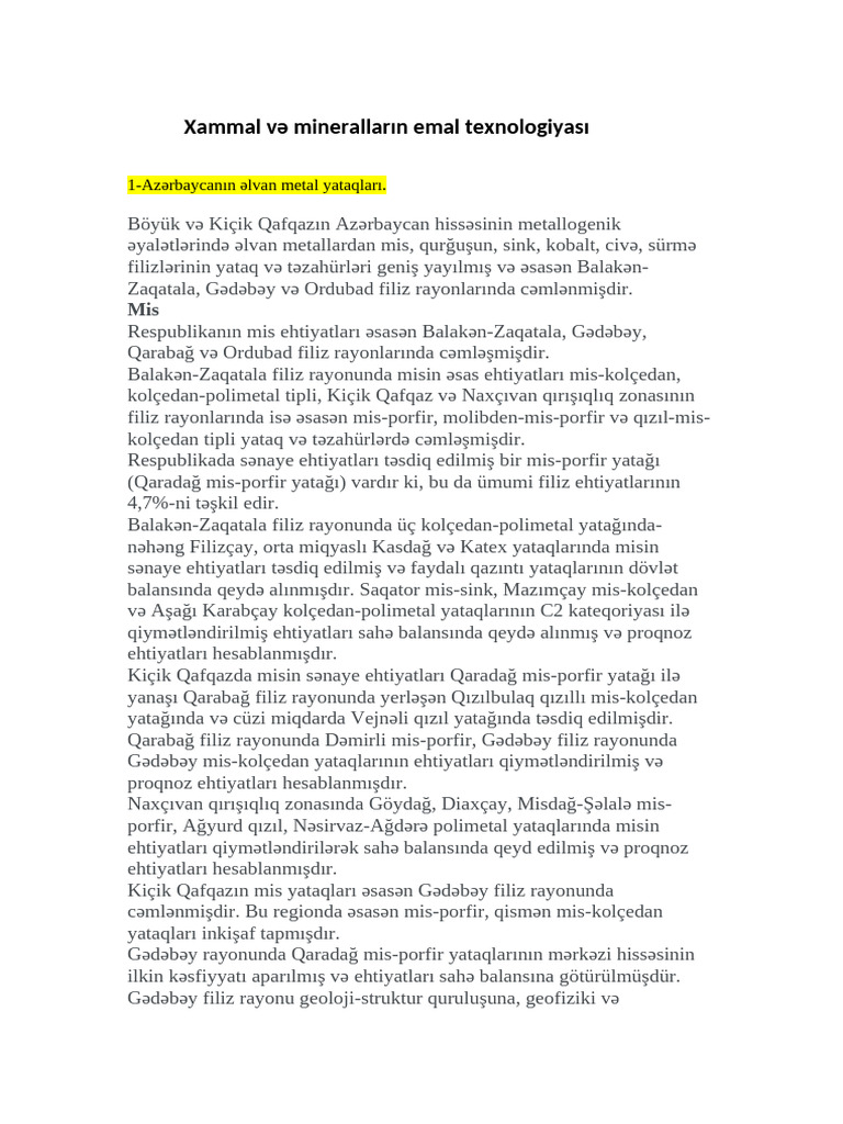 Xammal VƏ Mineralların Emal Texnologiyası | PDF