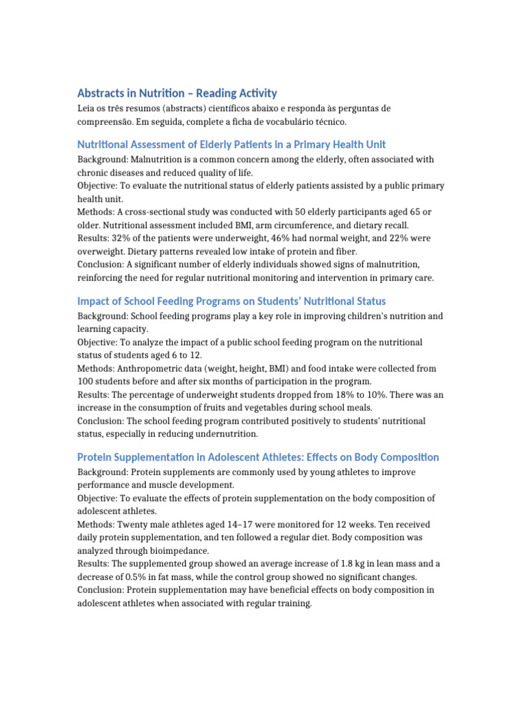 Abstracts Nutrition Activity | PDF | Human Nutrition | Malnutrition