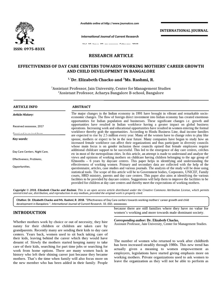 Researchpaper Workingmotherscareerchilddevpt | PDF | Child Care | Sampling (Statistics)